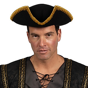 Spooktacular Creations Black Pirate Hat, Colonial Tricorn Hat with Gold Trimming for Adults, Halloween Renaissance Costume Accessory for Revolutionary War RolePlay Party