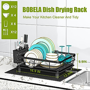 BOBELA Dish Drying Rack,Dish Racks for Kitchen Counter,Dish Drainers with Removable Utensil Holder,Dish Drying Rack with Drainboard and Extra Dish Drying Mat