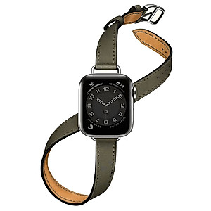 Slim Double Tour Genuine Leather Band for iWatch Series 8/Ultra/7/6/SE/5/4/3,Replacement Bracelet for Apple Watch Band 38mm 40mm 42mm 44mm 41mm 45mm 49mm,Strap,Brownness Wristband