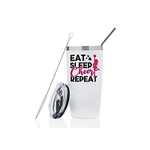Onebttl Cheerleader Gifts For Girls, Women - 20oz/590ml Stainless Steel Insulated Tumbler with Straw, Lid - Gift for Cheerleading, Coach or Cheer Squad - Repeat, White