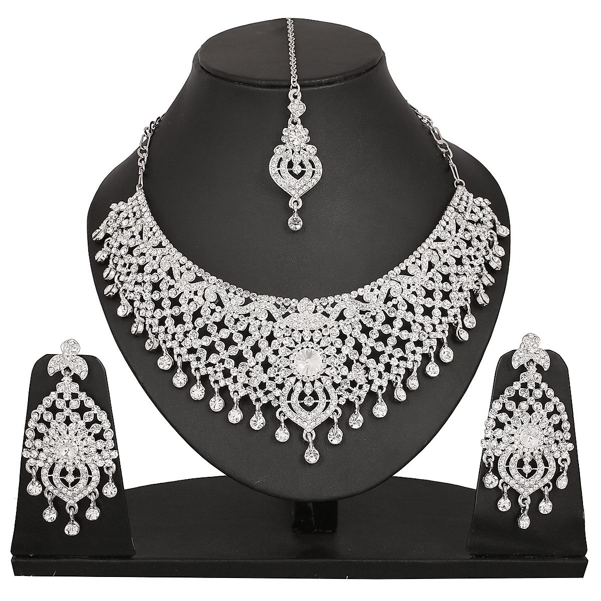 Touchstone Indian Bollywood Masterly Created Sparkling White Rhinestones Studded Look Grand Bridal Jewelry Necklace Earrings Mangtika Set In White Tone For Women.