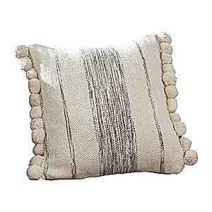 Benjara 18 Inch Decorative Throw Pillow Cover, Textured, Pom Pom Edges, Cream