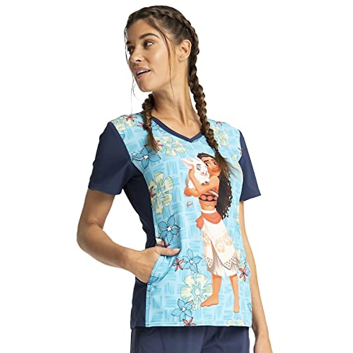 Tooniforms Women Scrubs Top V-Neck Print TF677, XXS, Moana Energy