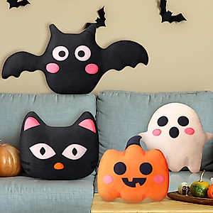 Wonderjune 4 Pcs Halloween Throw Pillows Decorative Happy Halloween Pillows Pumpkin Bat Ghost Plush Pillows Cute Halloween Pillows for Sofa Bed Couch Halloween Holiday Party Gift, 12.6 x 11.8 Inch