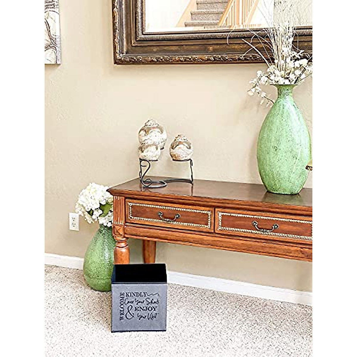 Shoe Cover Box - Welcome Guests to Please Cover Shoes. Indoor Foldable Storage Bin to Fill w/your Favorite Booties. For Homeowner, Real Estate Agent, Realtor Open House Supplies | 1 Grey & Black