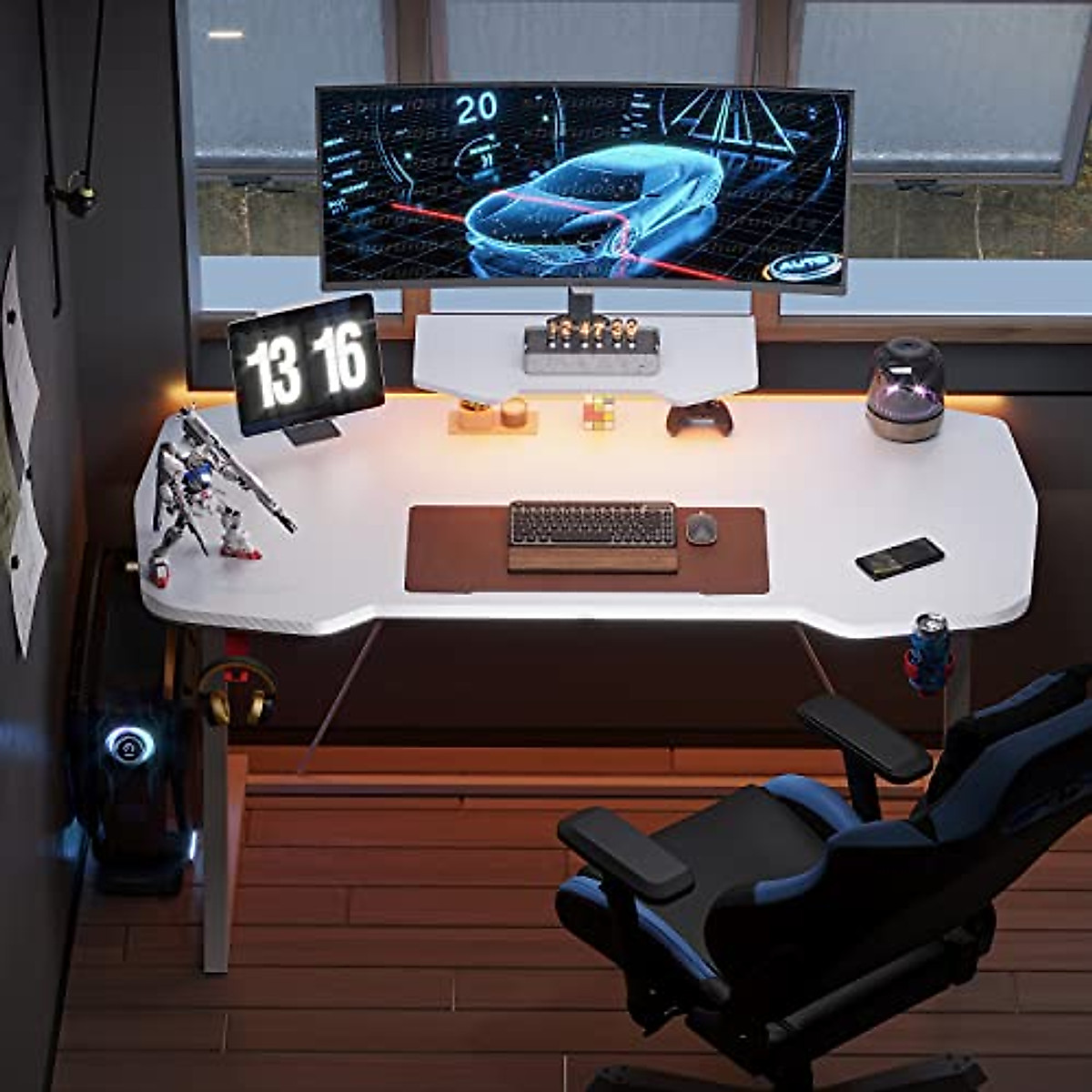 MOTPK White Gaming Desk with LED Lights, Gaming Table Desk 47 inch Z Shaped, Gamer Desk Ergonomic Sturdy, Kids Computer Desk with Monitor Stand Cup Holder and Headphone Hook, Black, Gift Idea