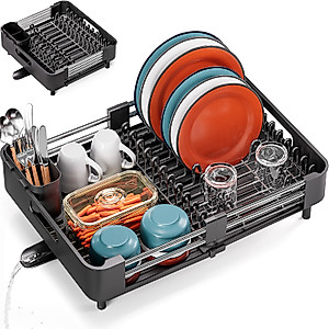 TOOLF Extendable Dish Rack, Dual Part Dish Drainers with Non-Scratch and Movable Cutlery Drainer and Drainage Spout, Adjustable Dish Drying Rack for Kitchen, 1 Piece Black