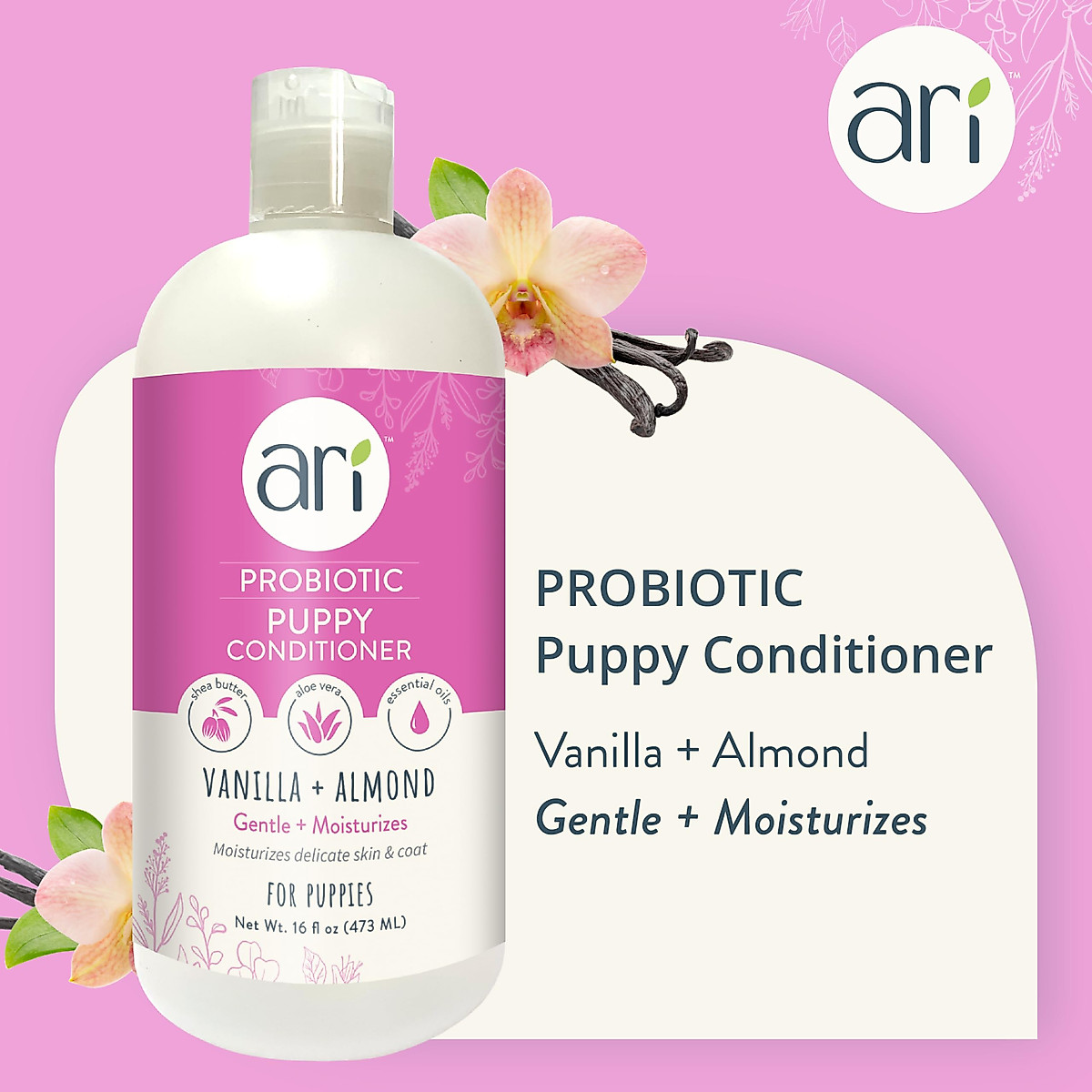 Ari Probiotic Dog Conditioner (16 oz) – Deep Cleansing & Moisturizing for Dry, Itchy Skin Relief – Grooming with Vanilla & Almond for Dogs & Puppies
