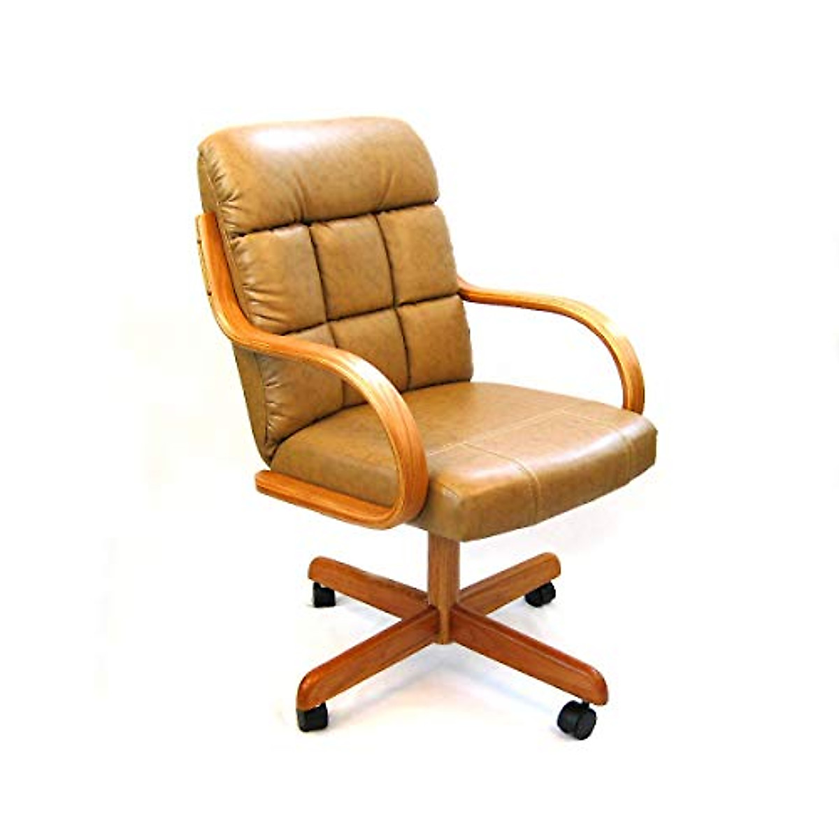 Caster Chair Company Casual Rolling Caster Dining Chair with Swivel Tilt in Honey Oak Wood with Buff Bonded Leatherette Seat and Back (1 Chair)