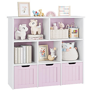 FOTOSOK Toy Storage Organizer with 3 Movable Drawers, Floor Storage Cabinet Toy Chest with Hidden Wheels and 5 Storage Cubbies, Multifunctional Storage Chest for Living Room, Home Office, Pink