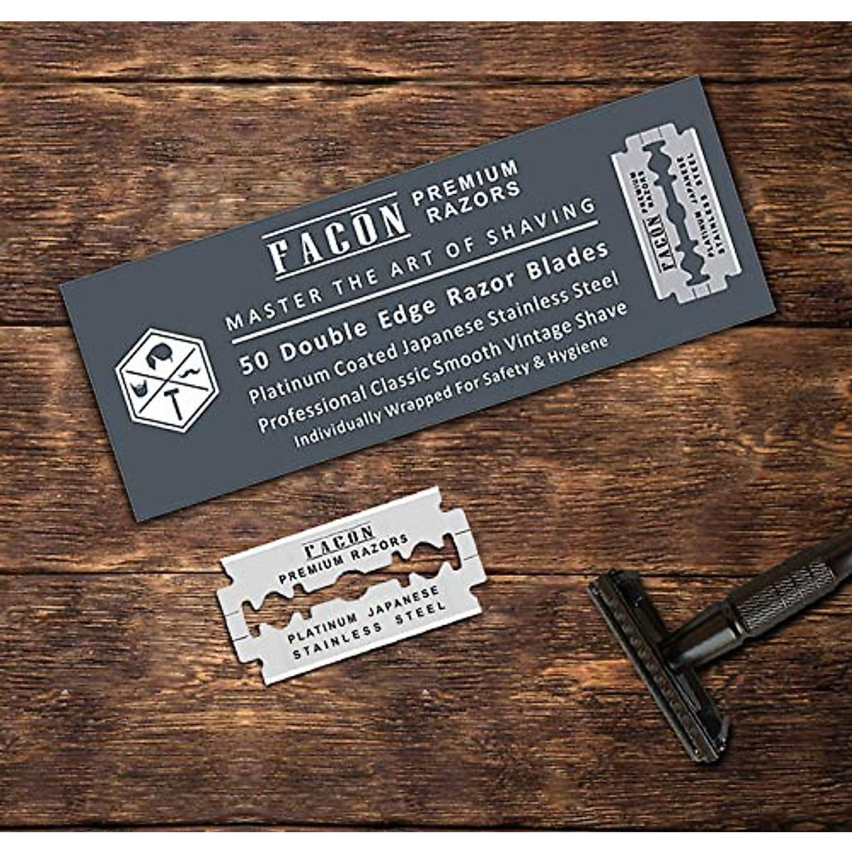 50 Facón Platinum Japanese Stainless Steel Double Edge Razor Blades for Safety Razor - Close Smooth Shaving Experience - 200+ Shaves