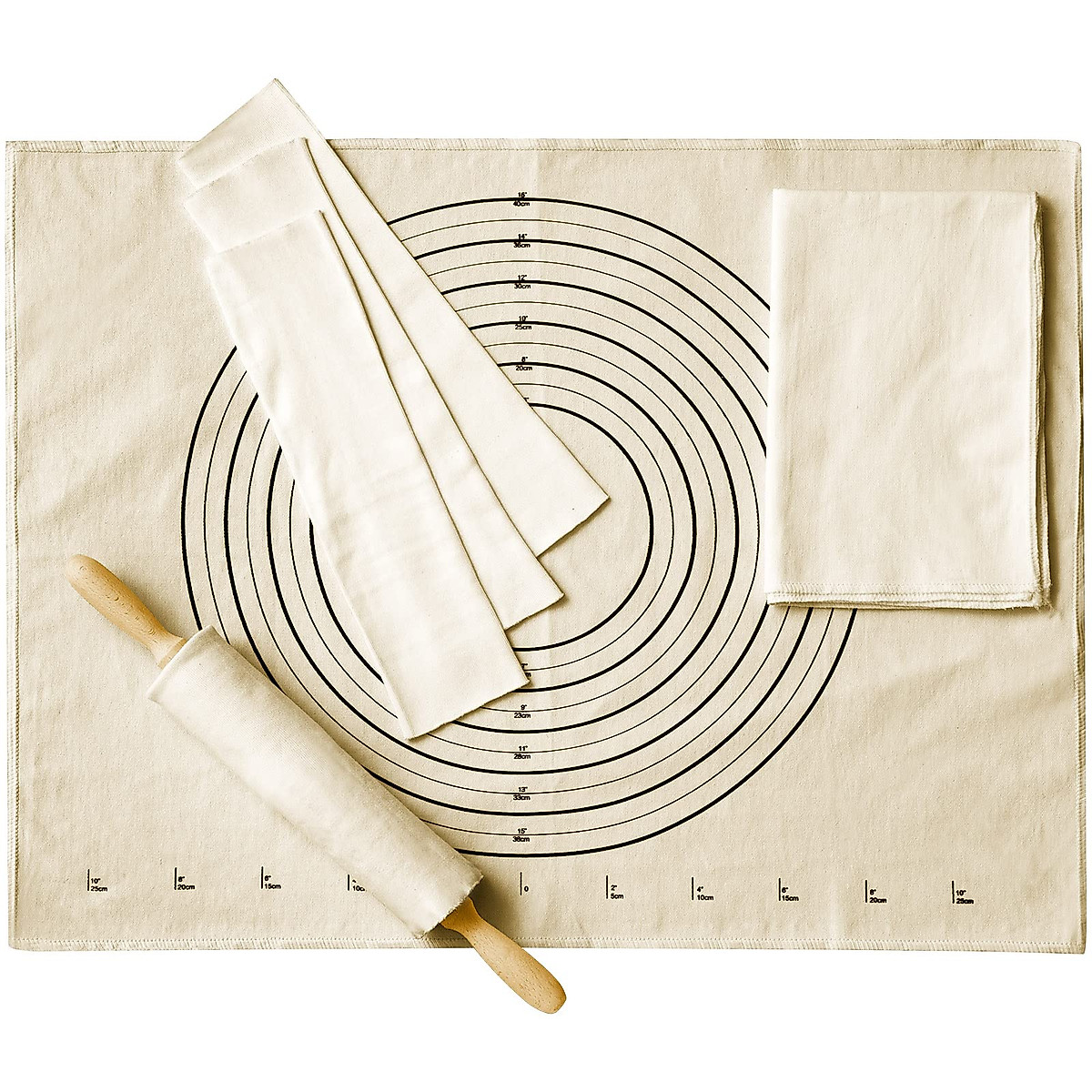 6 Pcs Pastry Cloth and Rolling Pin Cover Set Includes 2 Pcs 25 x 20 Inch Large Cotton Pastry Mat 4 Pcs 14 x 2.5 Inch Rolling Pin Cover Sleeves for Dough Bread Pie Baking Kitchen Supplies