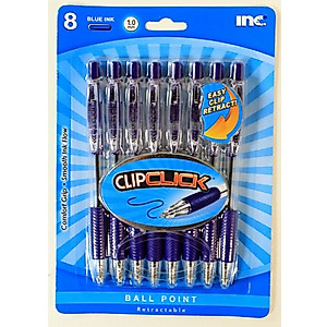 Clipclick Retractable Ball Point Pens 1.0mm Blue Ink Set of 8 (3 packs of 8)