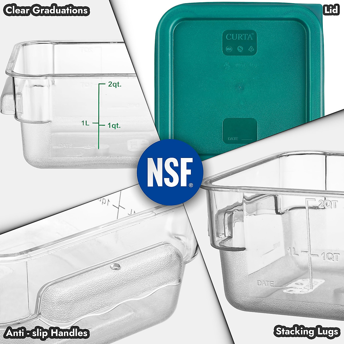 CURTA 4 Pack Food Storage Container with Green Lid - NSF Listed Commercial Grade in 2.0 Qt - Square, Clear, Polycarbonate