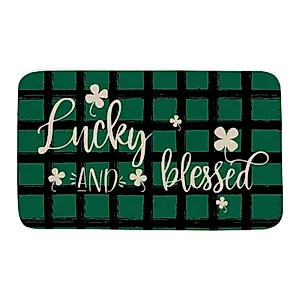 ONWAY St Patricks Day Buffalo Plaid Door Mat Lucky Clover Blessed Doormat Spring St Patricks Farmhouse Decorative Low-Profile Floor Rug Switch Mat for Home Indoor Outdoor Decorations 29x17 Inch