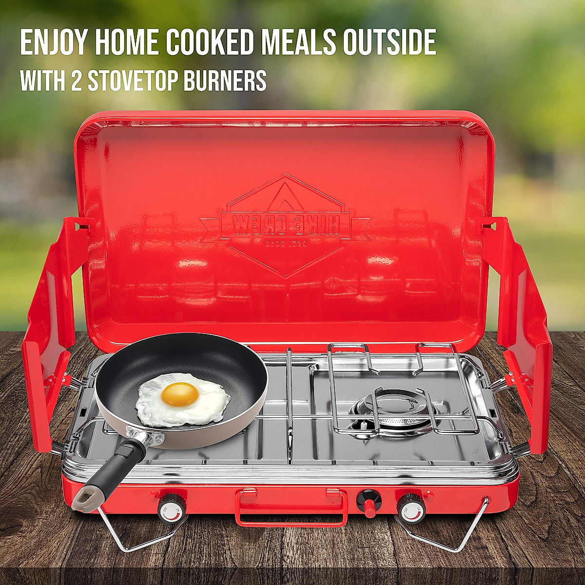 Hike Crew Gas Camping Stove | 20,000 BTU Portable Propane 2 Burner Stovetop | Integrated Igniter & Stainless Steel Drip Tray | Built-in Carrying Handle, Foldable Legs, Wind Panels | Includes Regulator