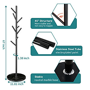 OIRUMIE Coat Rack with Natural Marble Base, Metal Freestanding Coat Rack, Stainless Steel Coat Rack Stand with 8 Hooks for Hanging Scarf, Bag, Jacket, Black Coat Hall Tree Hanger Holder Stand
