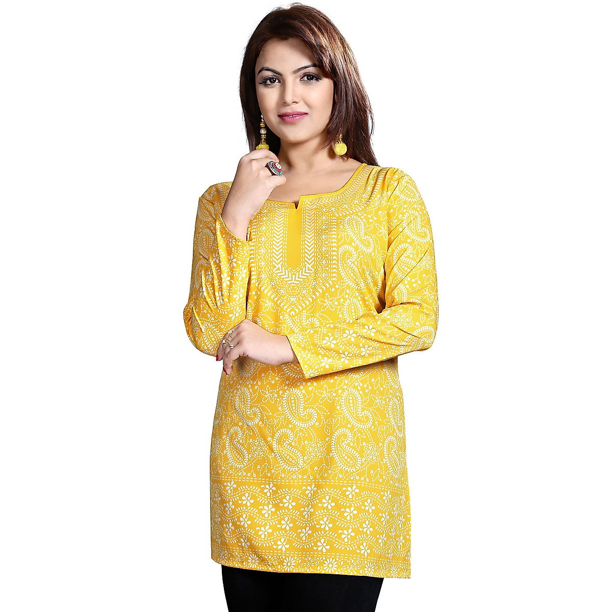 Maple Clothing Indian Kurti Top Tunic Printed Women's India Clothes (Yellow, 4XL)