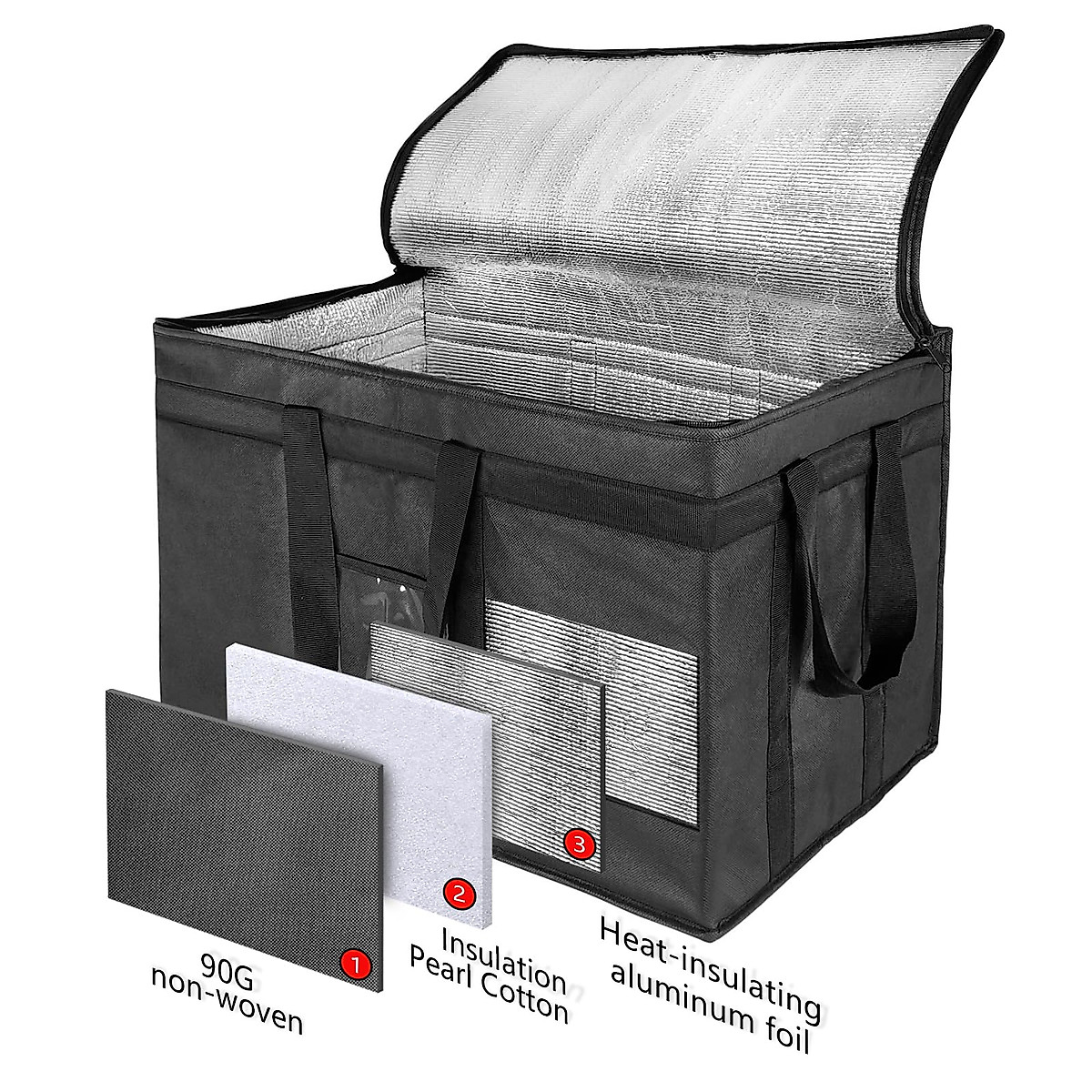 Oseeny 3XL Insulated Food Transport Bag - Reusable Cooler Bag for Cold and Hot Food Delivery with Lid and Double Zipper (Black, 3XL)