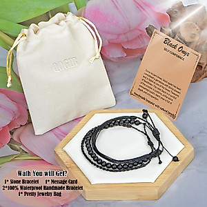 QOGIR Handmade Healing Bracelets, 6mm Matte Black Onyx Bracelet Black Beaded Bracelets for Men Women with 2PCS Size Adjustable Rope Bracelets