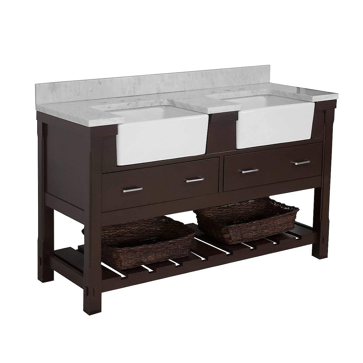 Charlotte 60-inch Double Farmhouse Bathroom Vanity (Carrara/Chocolate): Includes Chocolate Cabinet with Authentic Italian Carrara Marble Countertop and White Ceramic Apron Sinks