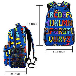 Colorful Alphabet Pattern Blue Lightweight School Classic Backpack Travel Rucksack for Women Teens