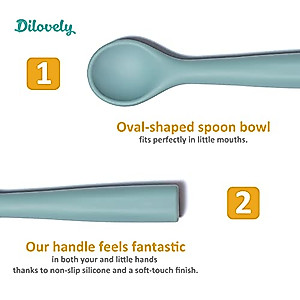 Silicone Toddler Spoon for 1 Year+, Soft Children Training Spoons for Self-feeding, Food Grade Silicone Baby Cutlery, Dishwasher Safe and BPA FREE Set of 5 - Dilovely