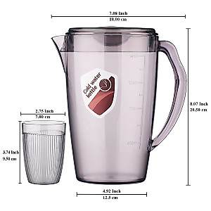 HOMQUEN Plastic Pitcher with 3 Cup, 60 Oz/1.8L Water Pitcher with Lid, Iced Tea Pitcher, Water Carafe, Jar Pitcher, Water Jug with Handle for Tea, Juices, Milk, Cold or Hot Beverages (Gray)