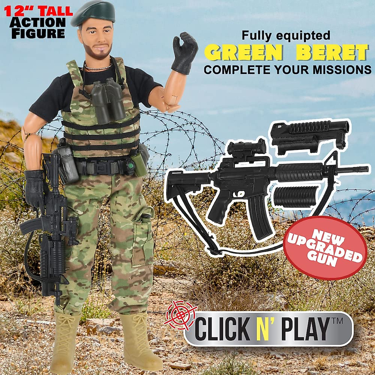 Click N' Play Military Green Beret Elite Force Swat, 12-Inch Action Figures | Fake Gun, Army Stuff, Clothes, Kids Toy, Costume Set | Army Figure, Soldier, Police Officer, World Peacekeepers, Men Toys