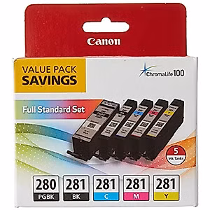 Canon PGI-280 / CLI-281 5 Color Ink Pack, Compatible to TS8120,TS6120,TR8520,TR7520, and TS9120 Wireless Printers, Multi, PGI-280 Full Standard Set