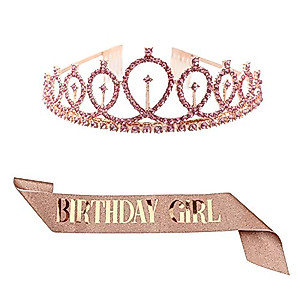 ZERODECO Rose Gold Birthday Party Decorations, Happy Birthday Banner, Glitter and White Table Runner, Sash, Queen Tiara, Fringe Curtains, Foil Confetti Balloon Party Decorations for Girls and Women