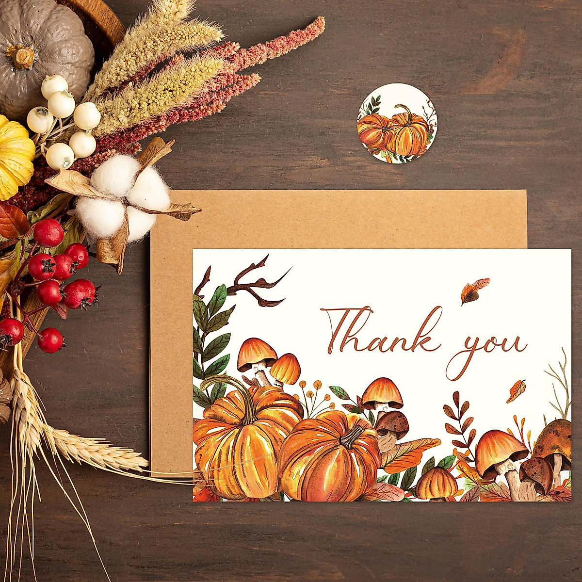 Whaline 24 Pack Fall Thank You Cards Autumn Mushroom Pumpkin Leaves Greeting Cards with Envelopes Stickers Vintage Blank Note Cards for Thanksgiving Harvest, 4 x 6 Inch