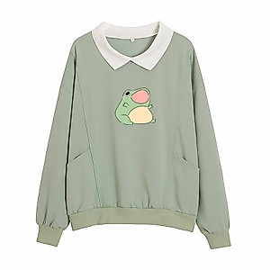 KIEKIECOO Cute Aesthetic Frog Sweatshirt for Teen Girls Kawaii Cartoon Graphic Hoodie Womens Preppy Cotton Pullover Sweaters(Green,XL)