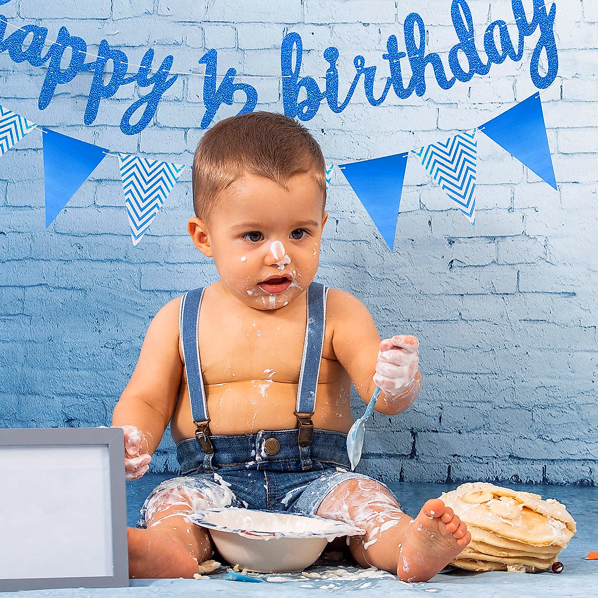 Half Birthday Decorations 6 Months Baby Boy Banner Cupcake Topper Pick 1/2 Half Year Cake Topper Triangle Flag Banner Confetti Balloons for Girl Boy Baby Shower (Dark Blue)