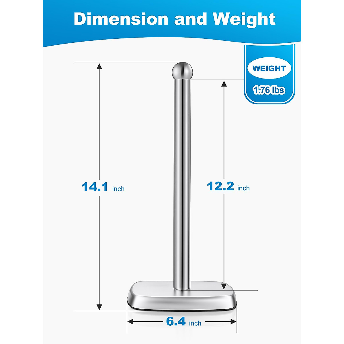 SMARTAKE Paper Towel Holder for Countertop, Standing Kitchen Roll Holder with Suction Cups, Non-Slip Paper Towel Stand, Stainless Steel, Weighted Base, for Kitchen Bathroom, Square Base (Silver)
