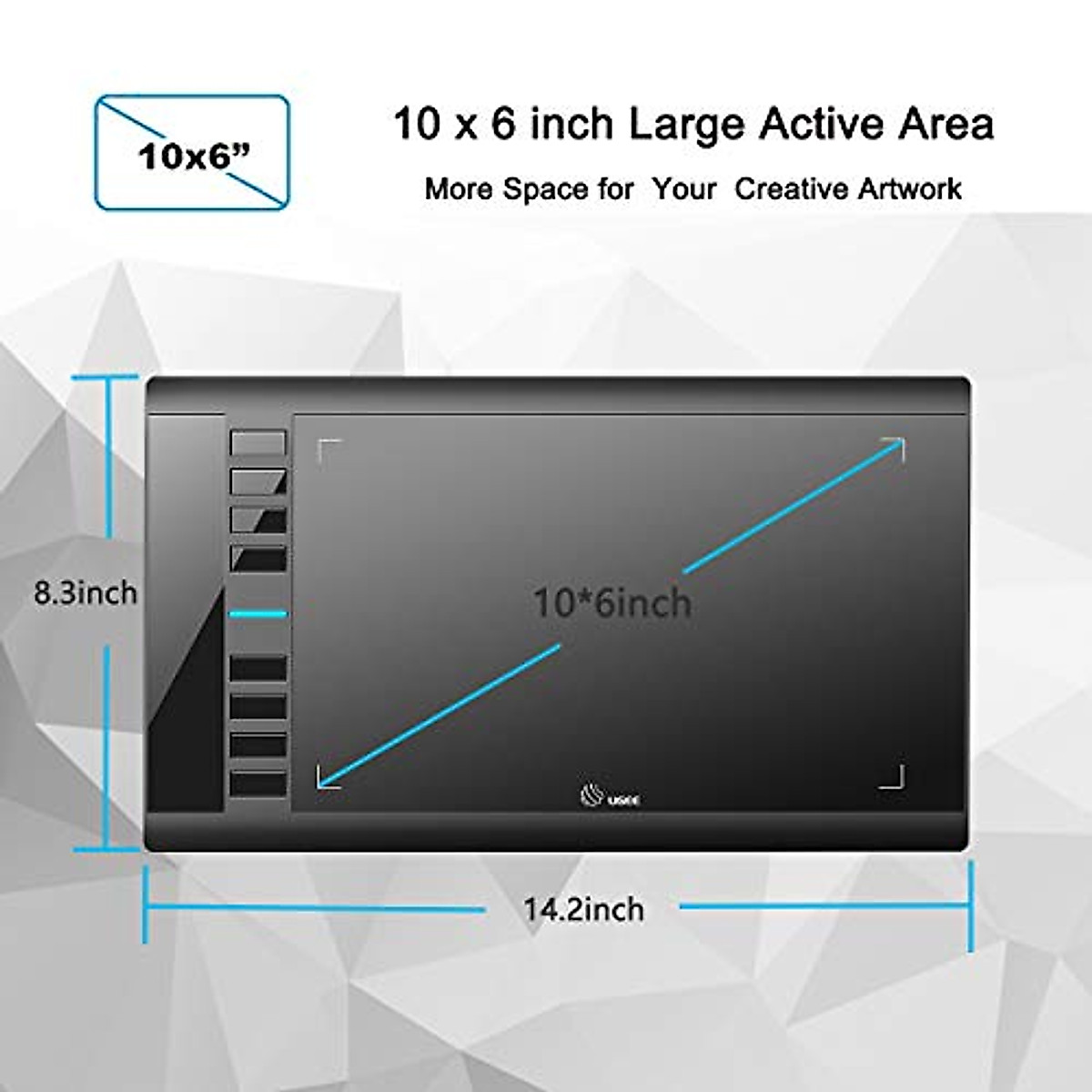 UGEE M708 10 x 6 inch Large Drawing Tablet with 8 Hot Keys, Passive Stylus of 8192 Levels Pressure, Graphics Tablet for Paint, Design, Art Creation Sketch