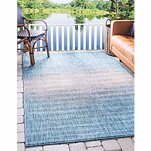 Unique Loom Outdoor Modern Collection Area Rug - Ombre (7' 1" x 10' Rectangle, Aqua/ Ivory)