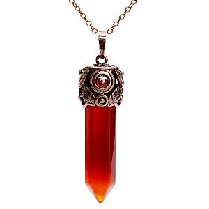 Bivei Crystal Necklace Men Women Red Agate Chakra Crystals and Healing Stones Necklaces Retro Antique Brass Hexagonal Prism Gemstone Quartz Rock Pendant Witch Vampires Jewelry Gift (Red Agate)