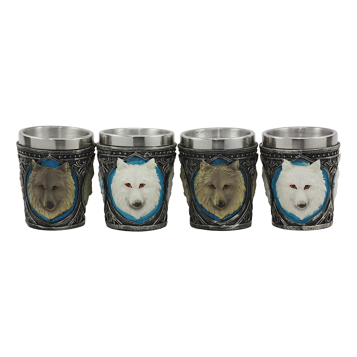 Ebros Myths Legends And Fantasy Spirit Themed 2-Ounce Shot Glasses Set Of 4 Resin Housing With Stainless Steel Liners Great Souvenir And Party Hosting Idea (Albino And Gray Wolf)