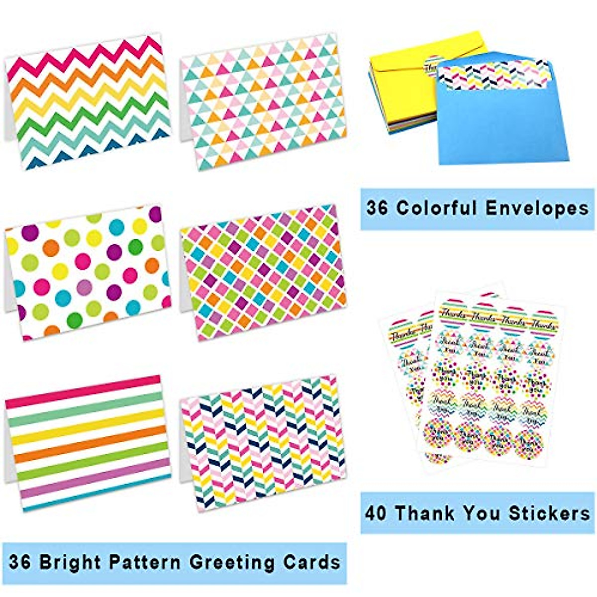 FANCY LAND 36 Colorful Greeting Cards Bright Pattern Note Cards with Colored Envelopes Stickers Blank Inside Cards Office School Home Kids