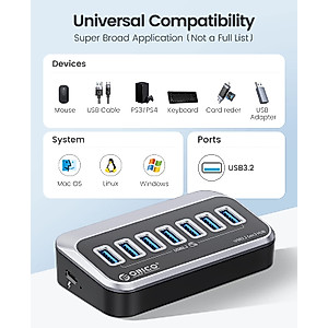 ORICO USB Hub 10Gbps with 7 USB A Ports, USB 3.2 Gen 2 Hub with 1.64Ft USB-C Cable and USB-A Adapter USB Splitter for iMac, All MacBooks, Mac Mini-Plastic Version