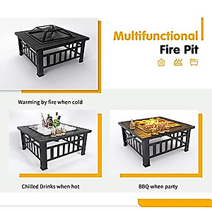 Tuoze 32-inch Fire Pits Outdoor Patio Metal Multifunctional Firepit Table with Waterproof Cover for Camping Bonfire Party Picnic BBQ Backyard Garden Outside Heating,black