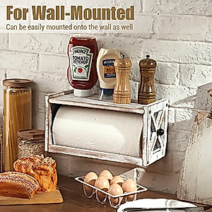 FARM IN Paper Towel Holder, Rustic Wall Mount & Countertop Kitchen Organizer with Top Storage Shelf and Barn Door “X-Cross” Design, Industrial Farmhouse Paper Towel Dispenser, Bathroom Towel Rack