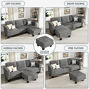 YESHOMY L-Shaped Convertible Sectional Sofa, 3 Seater with Corduroy Fabric, Complete with Mobile Footrest, 70", Gray