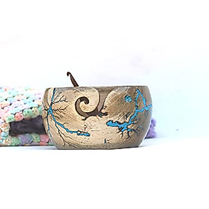 Wooden Yarn Bowl - Knitting Yarn Bowls with Holes Crochet Bowl Holder Handmade Yarn Storage Bowl - Lichtenberg Figure Yarn Bowl (Blue)