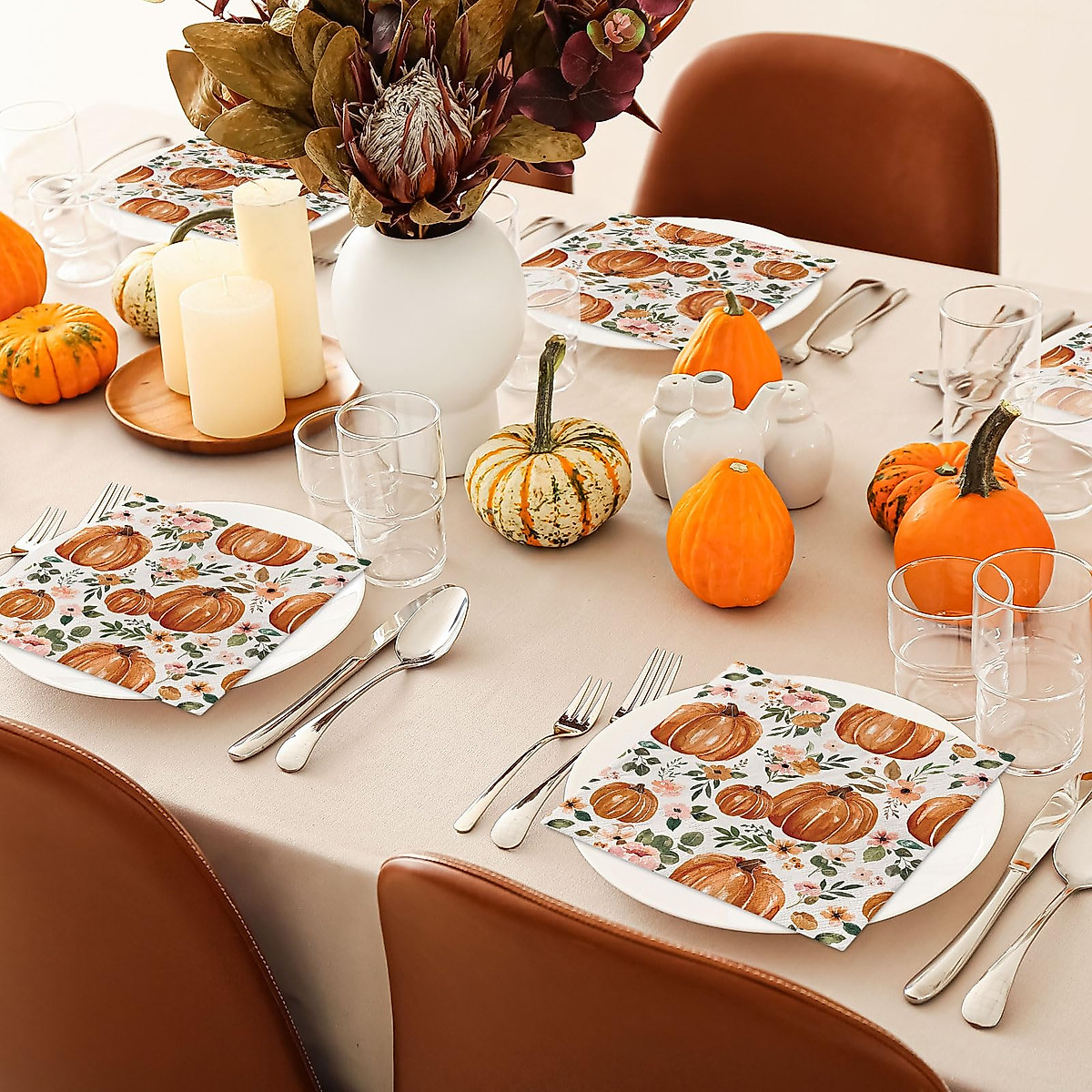 AnyDesign 80 Pack Fall Pumpkin Paper Napkins Watercolor Disposable Autumn Luncheon Napkins Boho Floral Pumpkin Dessert Dinner Hand Napkin for Thanksgiving Harvest Tea Party Supplies, 6.5 x 6.5 Inch