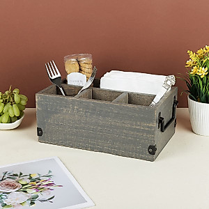 GoCraft 4 Compartment Flatware Caddy, Cutlery Utensil Holder, Silverware Condiment Organizer with Napkin Holder for Kitchen, Dining, Picnics, Grey Washed Mango Wood Caddy with Metal Handles