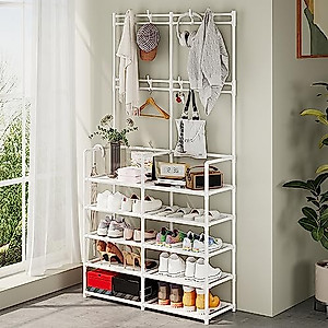 UDEAR 5-Tier Coat and Shoe Rack, Entryway Coat rack with 9 Hooks, Double Row Shoes Organizer for Living Room, Bedroom, Office,White