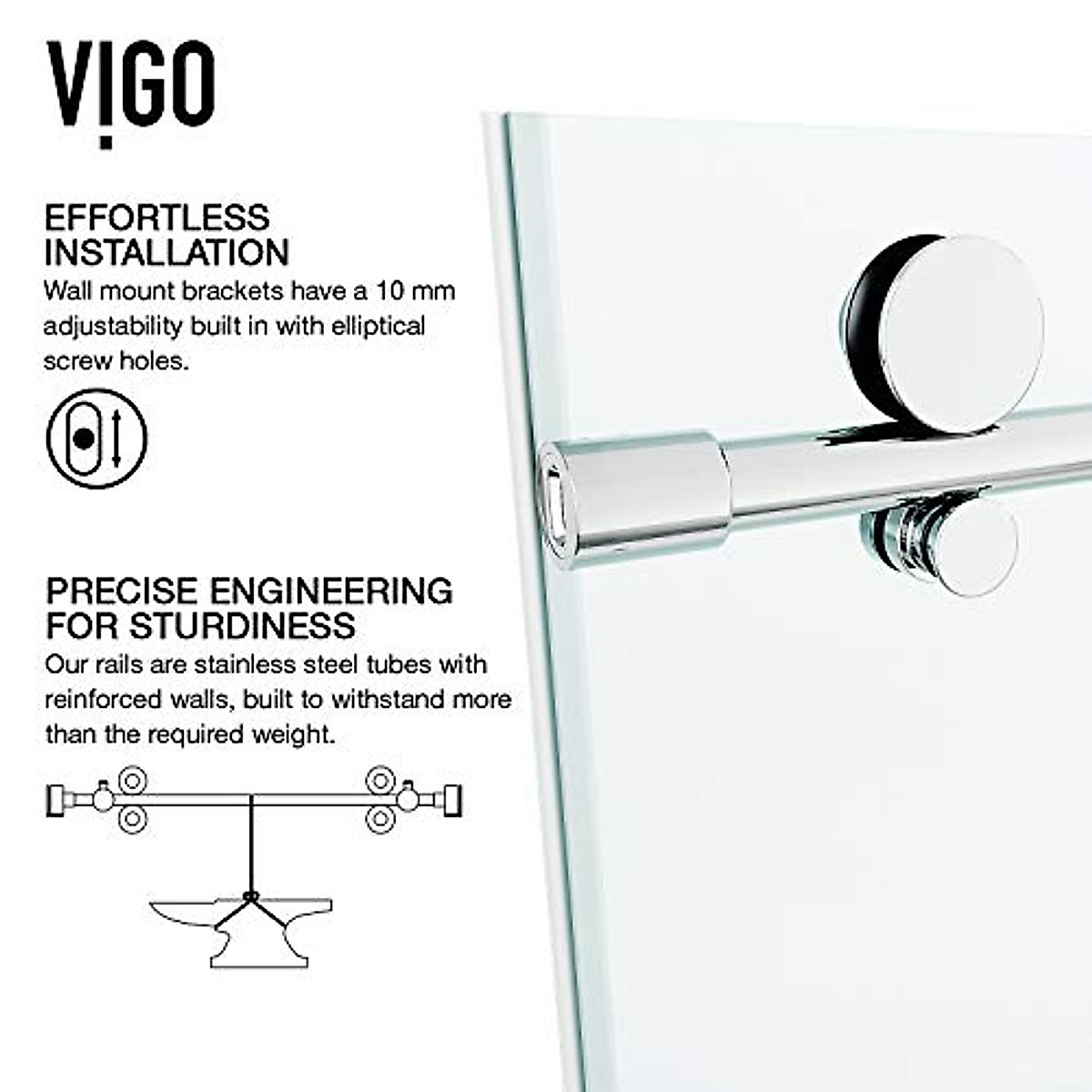 VIGO Adjustable 56-60" W x 66" H Elan E-Class Frameless Sliding Rectangle Tub Door with Clear Tempered Glass, Reversible Door Handle and Stainless Steel Hardware in Chrome-VG6021CHCL6066