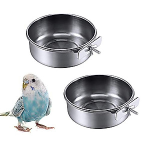 kathson 2 Pack Bird Feeding Cups with Clamp Holder, Parrot Food & Water Cage Hanging Bowl Stainless Steel Coop Cup Dish Feeder for Parakeet Cockatiels Conure Budgies Lovebird Finch